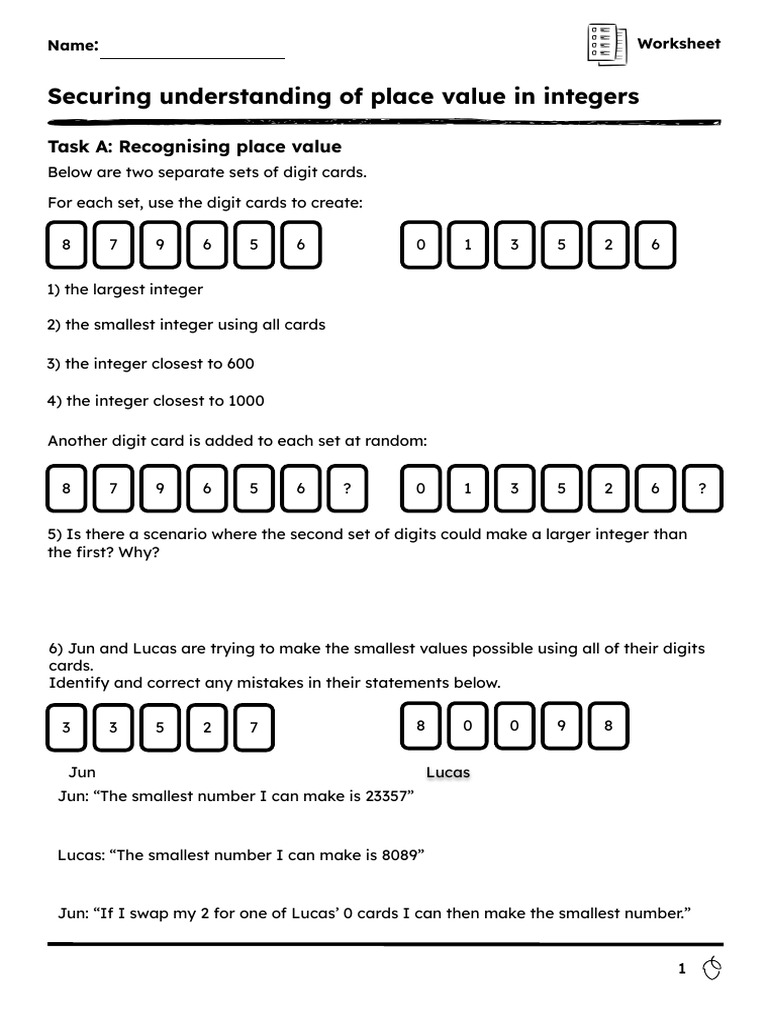 Place Value Worksheet for Integers | PDF | Arithmetic | Mathematics