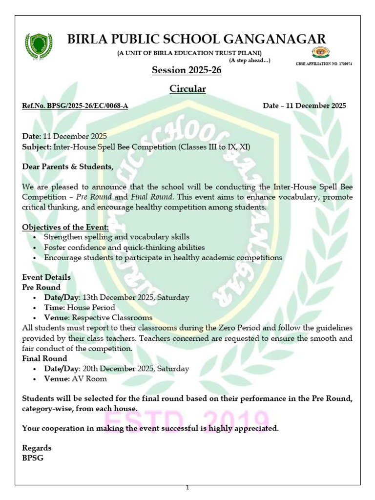 Circular Inter House Spell Bee Competition Updated-2 | PDF