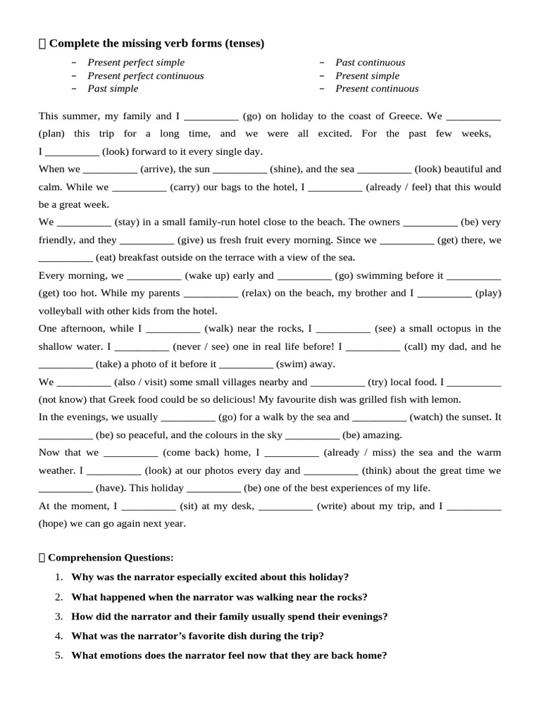 Verb Tenses Practice: Holiday Narrative | PDF | Language Mechanics ...