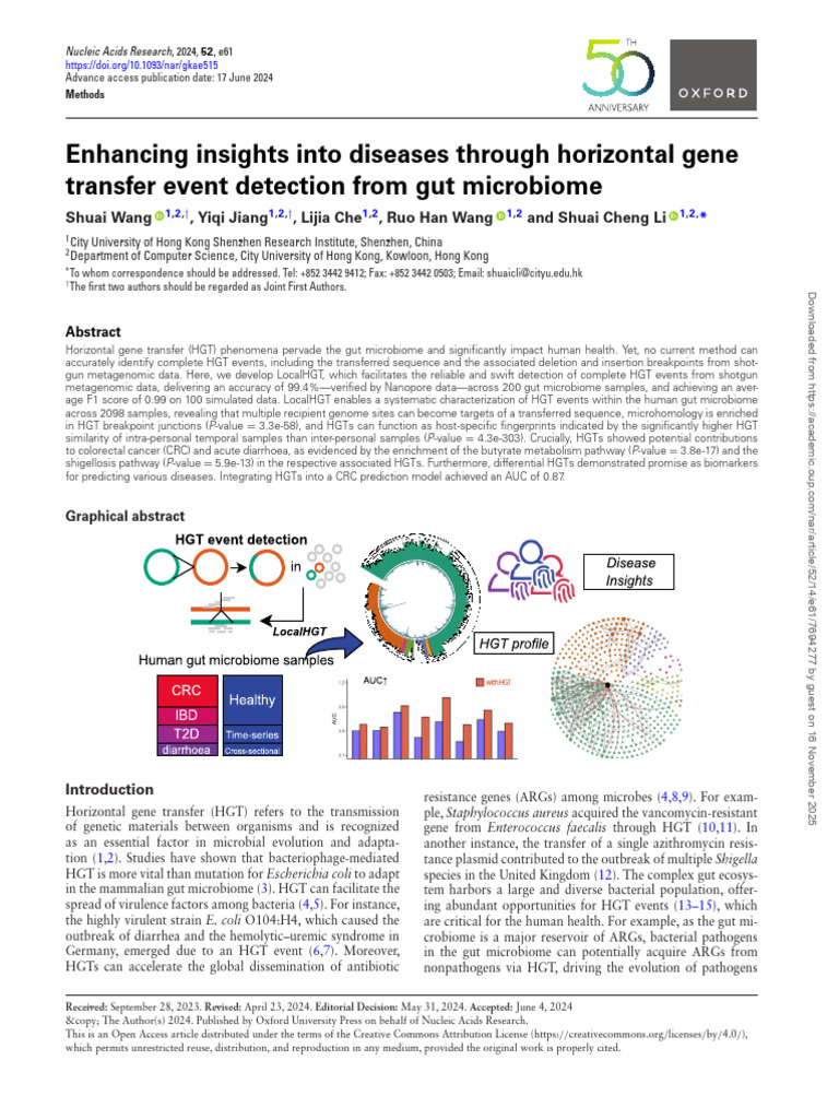 Detecting Horizontal Gene Transfer in Gut Microbiome | PDF | Single ...