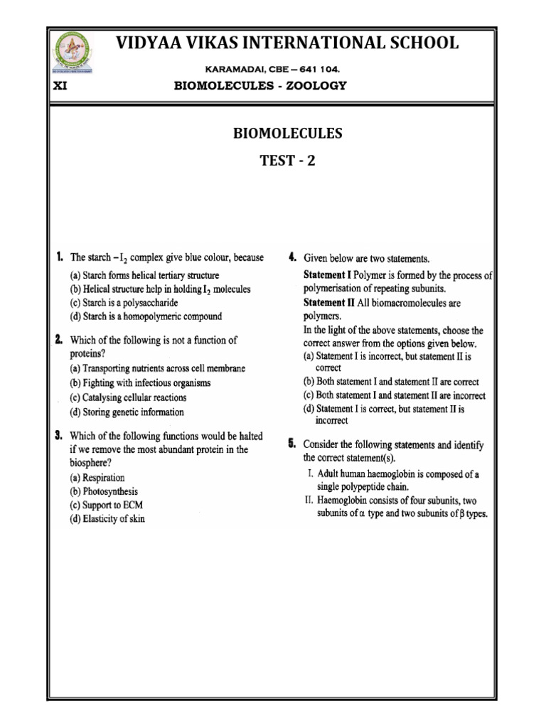 Biomolecules Test - 2 | PDF