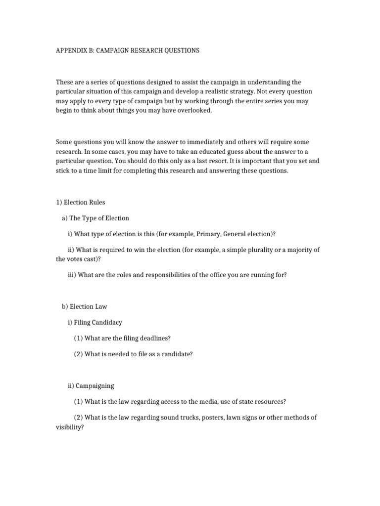 Campaign Research Questions | PDF | Voting | Elections