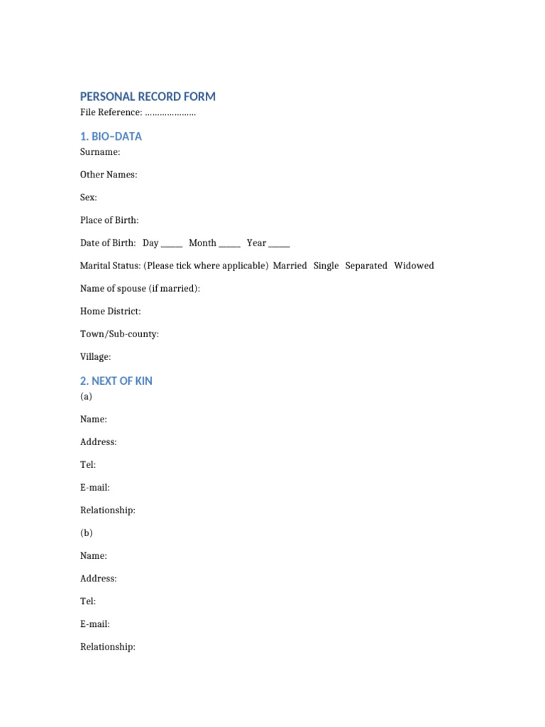 Personal Record Form Clean | PDF
