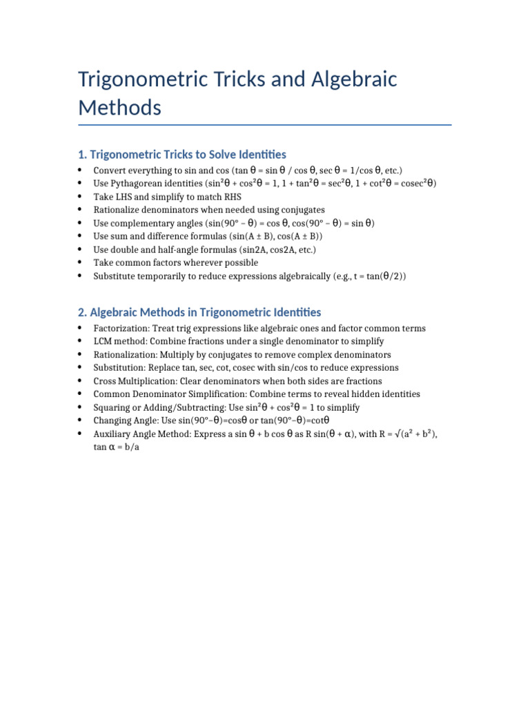 Trigonometric Tricks and Algebraic Methods Bullet-2 | PDF