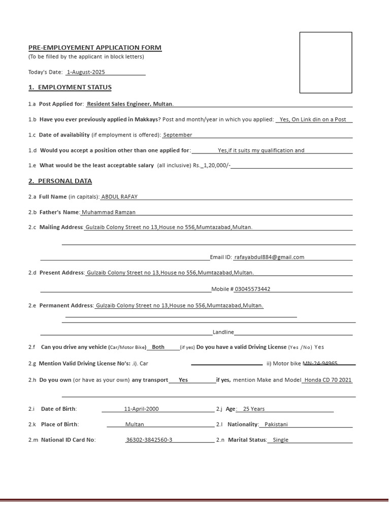 Pre-Employment Application Form (Makkays) | PDF | Driver's License