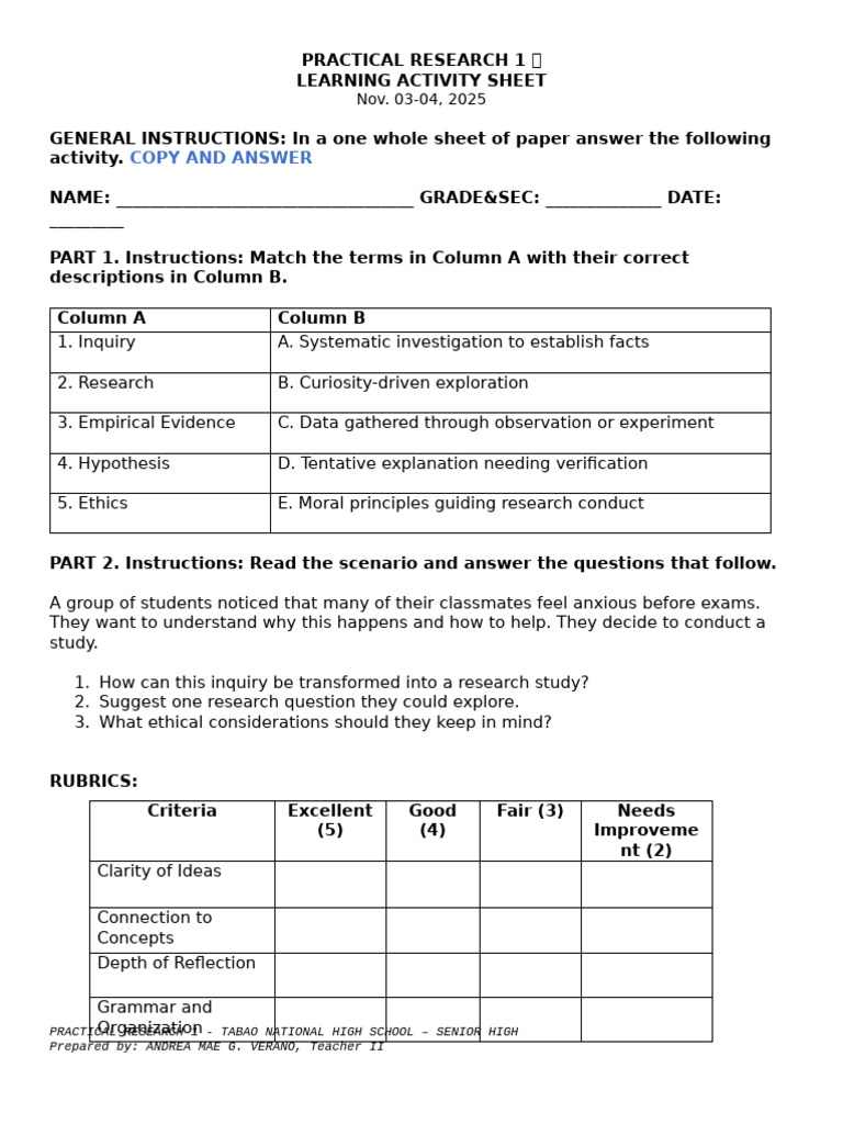 Practical Research Activity Sheet Guide | PDF