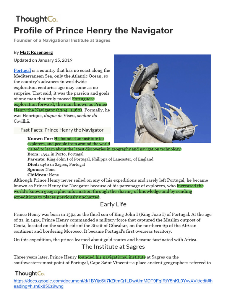 Profile of Prince Henry The Navigator-Thought Co | PDF