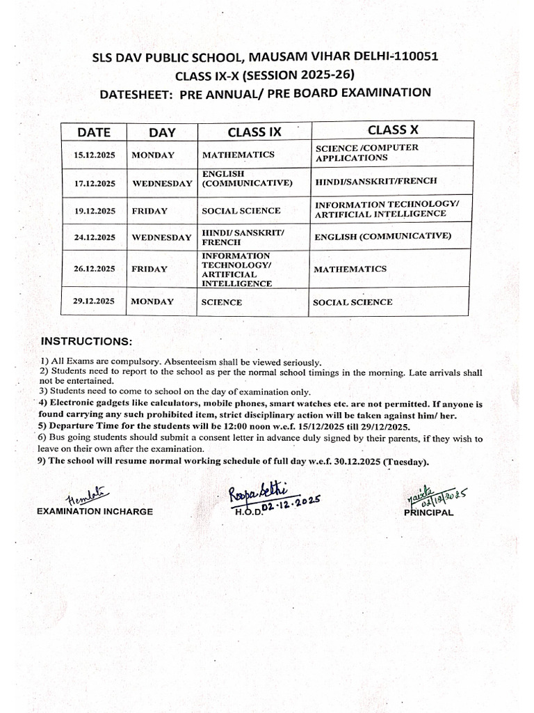 Pre Board Datesheet Class IX-X | PDF