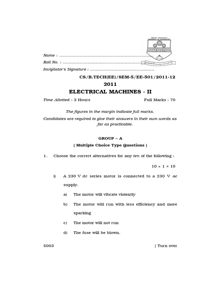Electrical Machines II Exam Questions | PDF | Electric Motor | Electric ...