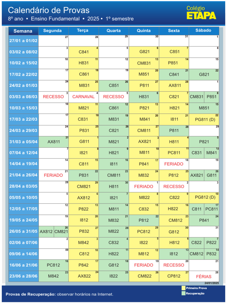 Calendário de Provas 8º Ano 2025 | PDF