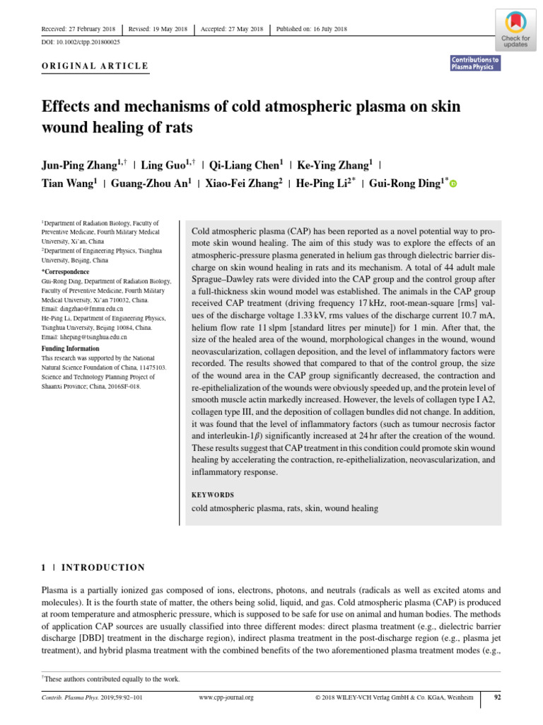 Effects and Mechanisms of Cold Atmospheric Plasma On Skin Wound Healing ...