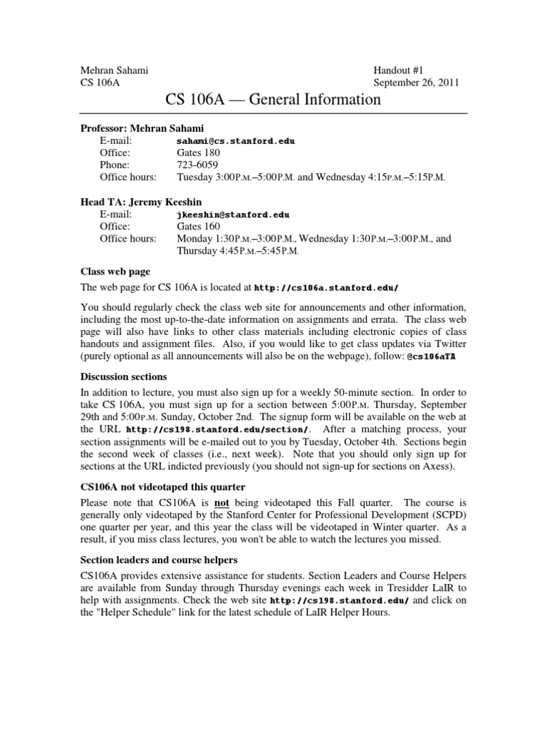 CS 106A - General Information: Professor: Mehran Sahami | PDF | Final ...