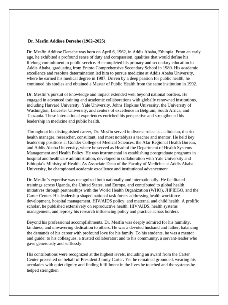 Dr. Mesfin Addisse Dersehe: Legacy in Health | PDF | Public Health ...