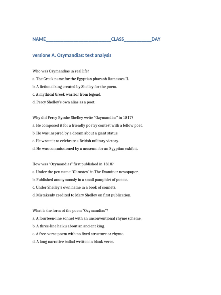 Ozymandias Poem Analysis Quiz | PDF | Poetry | Stanzaic Form