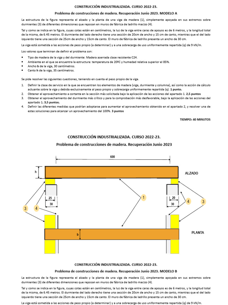 22 23-Recuperaci n Junio 2023-Enunciados | PDF | Viga (Estructura) | Ladrillo