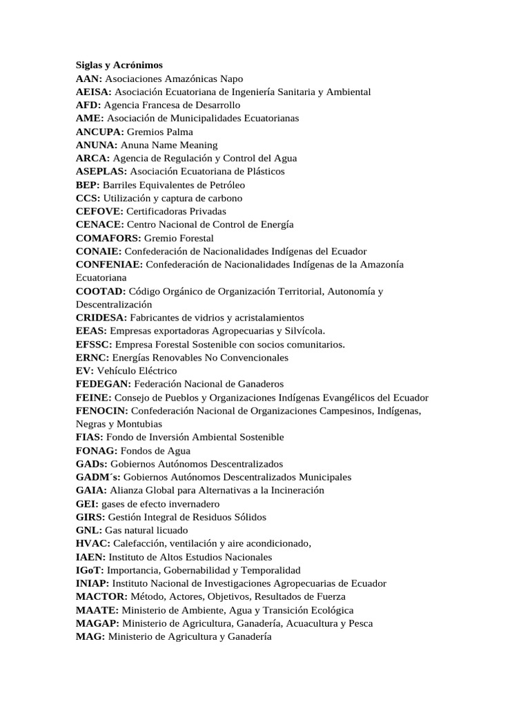 Siglas y Acrónimos | PDF | Ecuador | Mitigación del cambio climático
