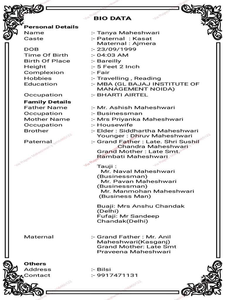 Tanya Maheshwari Bio Data Summary | PDF