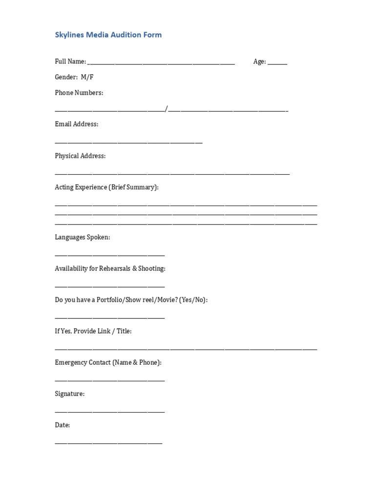 Skylines Media Audition Application Form | PDF