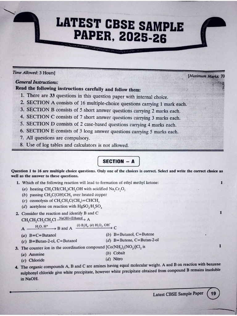 Class XII Chemistry Sample Paper 2025-26 | PDF