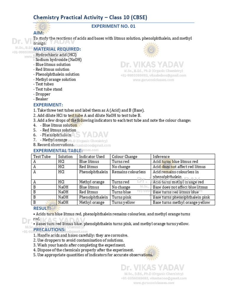 Class 10 Chemistry Practical Experiments | PDF | Ph | Oxide