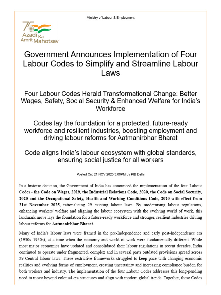 LABOUR CODES IMPLEMENTATION_NOVEMBER 2025 | PDF | Employment | Labour Law