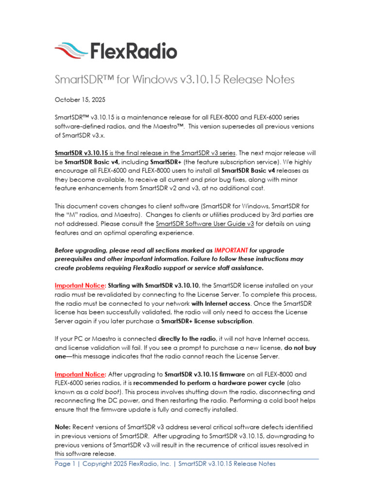 SmartSDR v3.10.15 Release Notes | PDF | Booting | Microsoft Windows