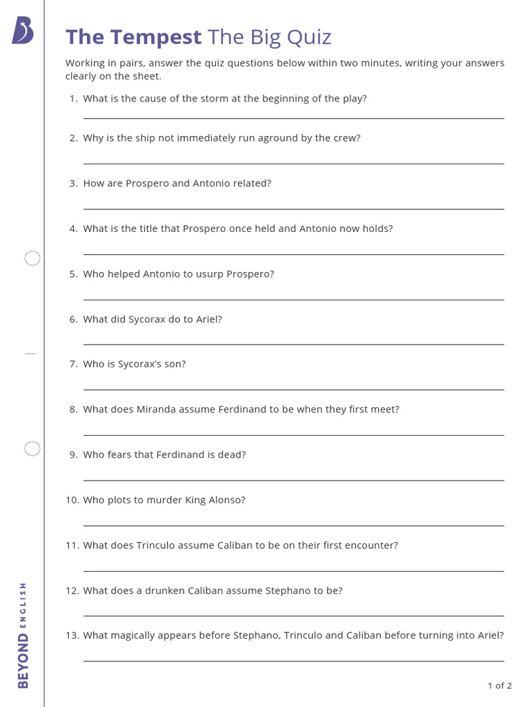 The Tempest Quiz and Answers Guide | PDF | The Tempest | Shakespearean ...