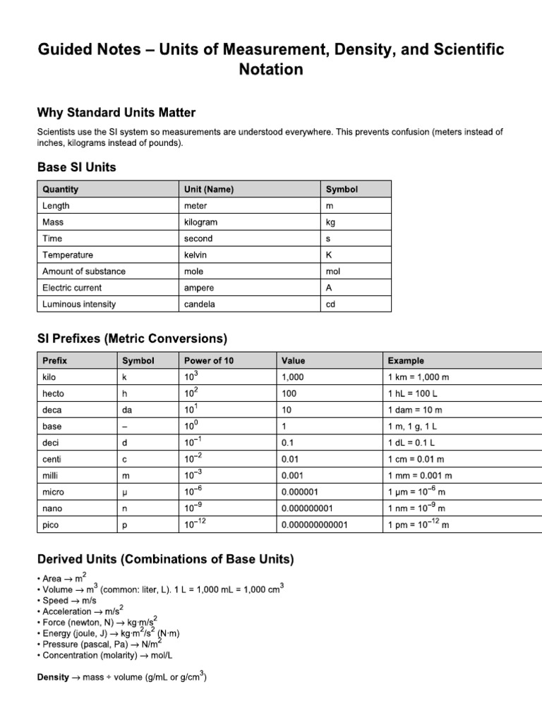 Guided Notes (Ai) Measurement, Density, And Sci Notation | PDF