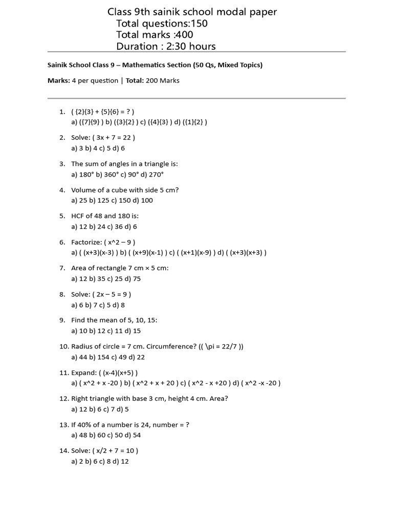 Modal Paper 2 Class 9th Sainik School | PDF | Area | Sphere