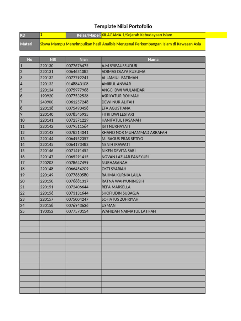 Template Nilai Portofolio-XII.AGAMA.1-Sejarah Kebudayaan Islam (2) | PDF