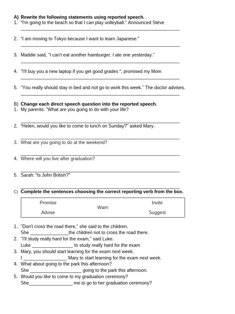 Reported Speech Exercises and Examples | PDF