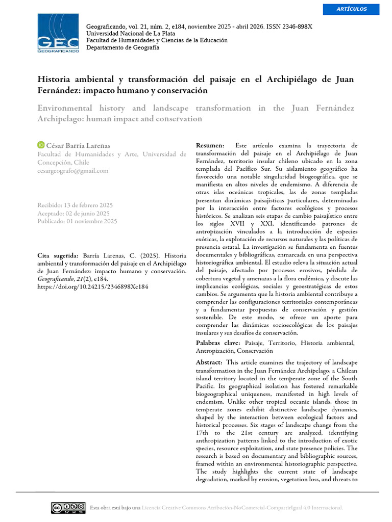 Historia Ambiental y Transformación Del Paisaje en El Archipiélago de ...