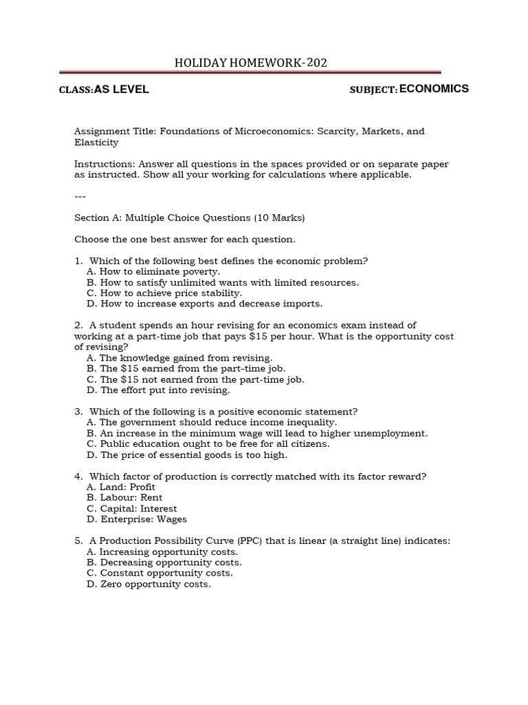 As LEVEL Holidays Work 2025 Economics | PDF | Elasticity (Economics ...