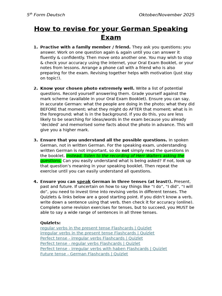 How to Revise for Your German Speaking Exam | PDF | Grammatical Tense ...
