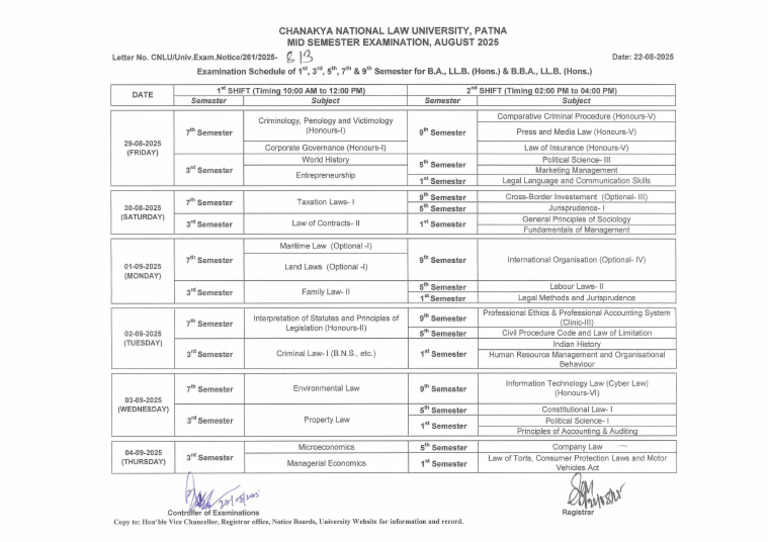 CNLU August 2025 Exam Schedule | PDF | Academic Term | Justice