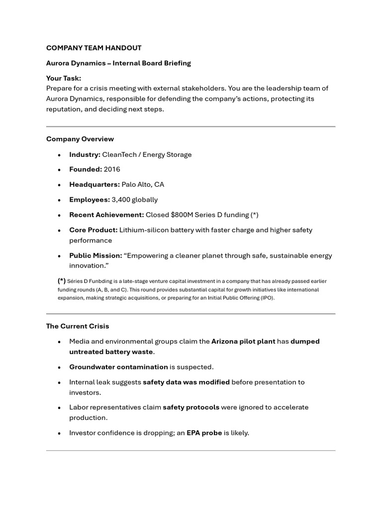 Business Skills Lab 6 Aurora Dynamics Company Team Handout | PDF