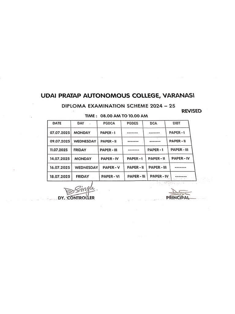 Revised Diploma Time Table 2024-25 | PDF