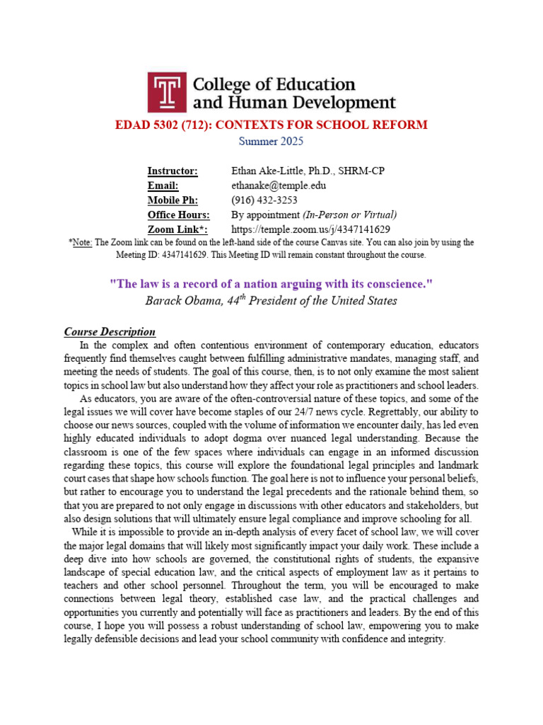 School Law and Reform Course Overview | PDF | Plagiarism | Legal Liability