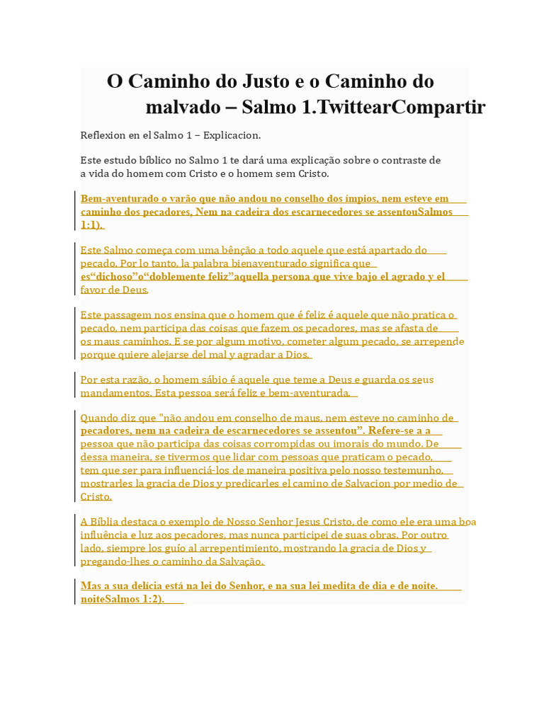 Salmo 1. 1-6 O Caminho do Justo e o Caminho do ímpio | PDF | Pecado ...