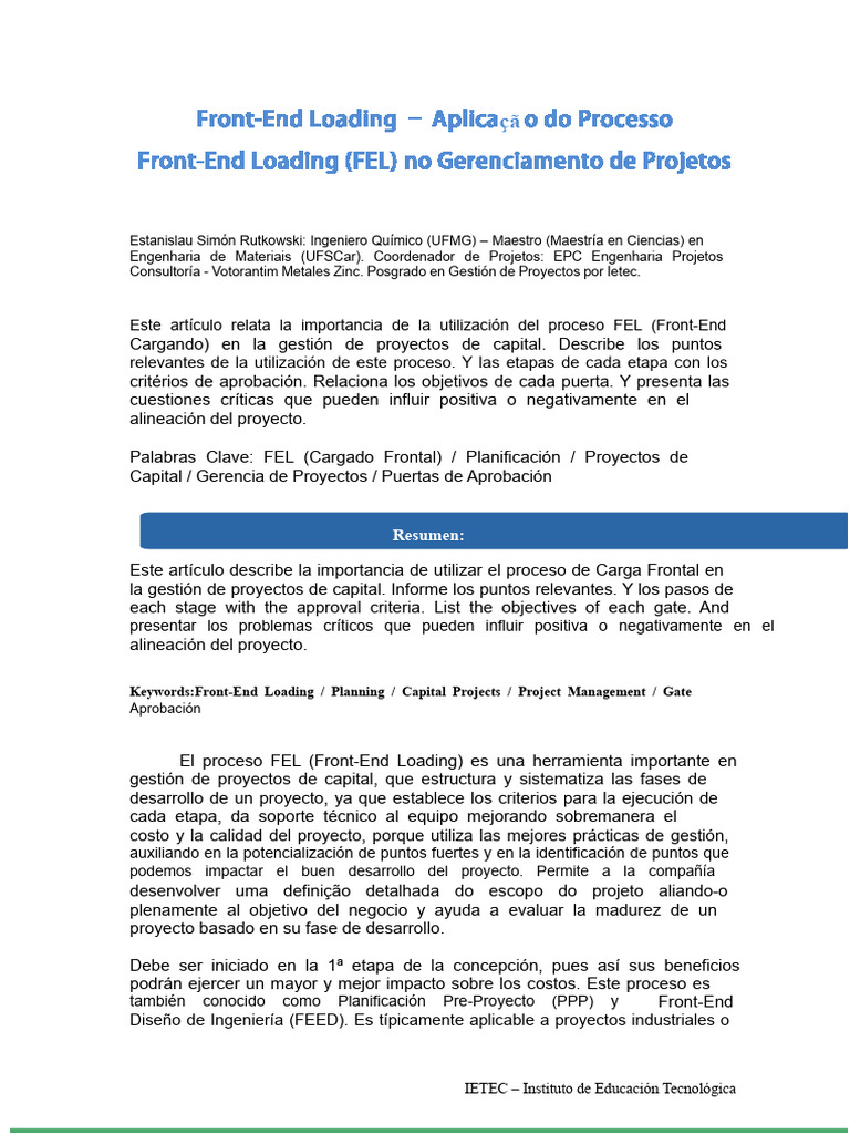 Aplicación Del Proceso Front-End Loading (FEL) en La Gestión de ...