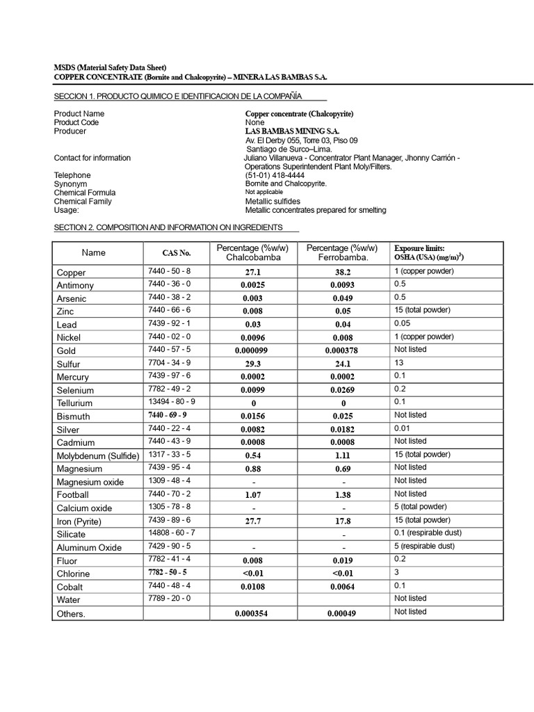 Copper Concentrate MSDS - Minera Las Bambas | PDF | Copper | Lead