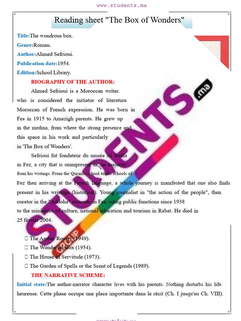 Reading Sheet - 'The Box of Wonders' - French Language - First Year ...