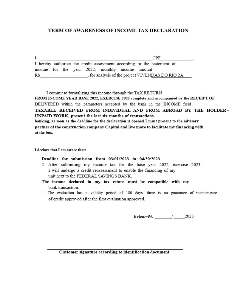 Term of Awareness of Income Tax Declaration - Pará | PDF