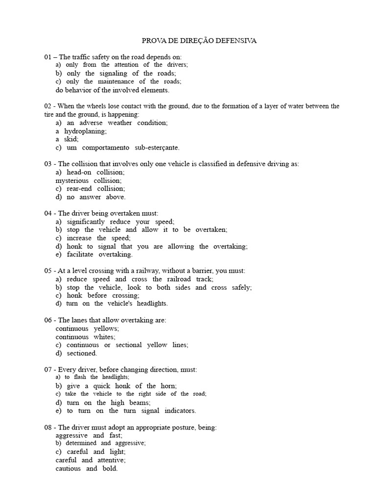 DEFENSIVE DRIVING TEST | PDF | Traffic | Traffic Collision