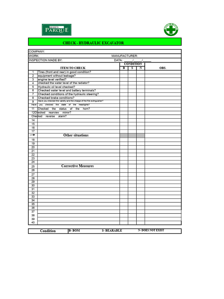 Hydraulic Excavator Inspection Checklist | PDF