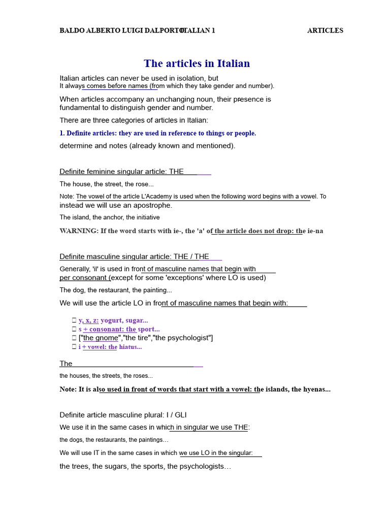 The articles in Italian | PDF | Grammatical Gender | Plural