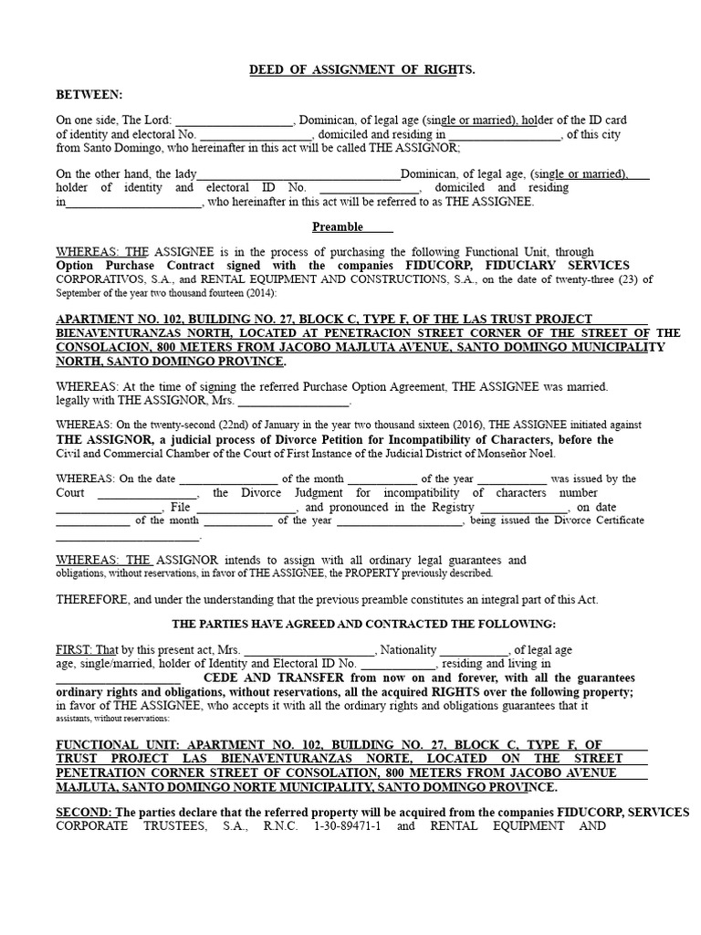Act of Assignment of Rights | PDF | Assignment (Law) | Civil Law (Legal ...