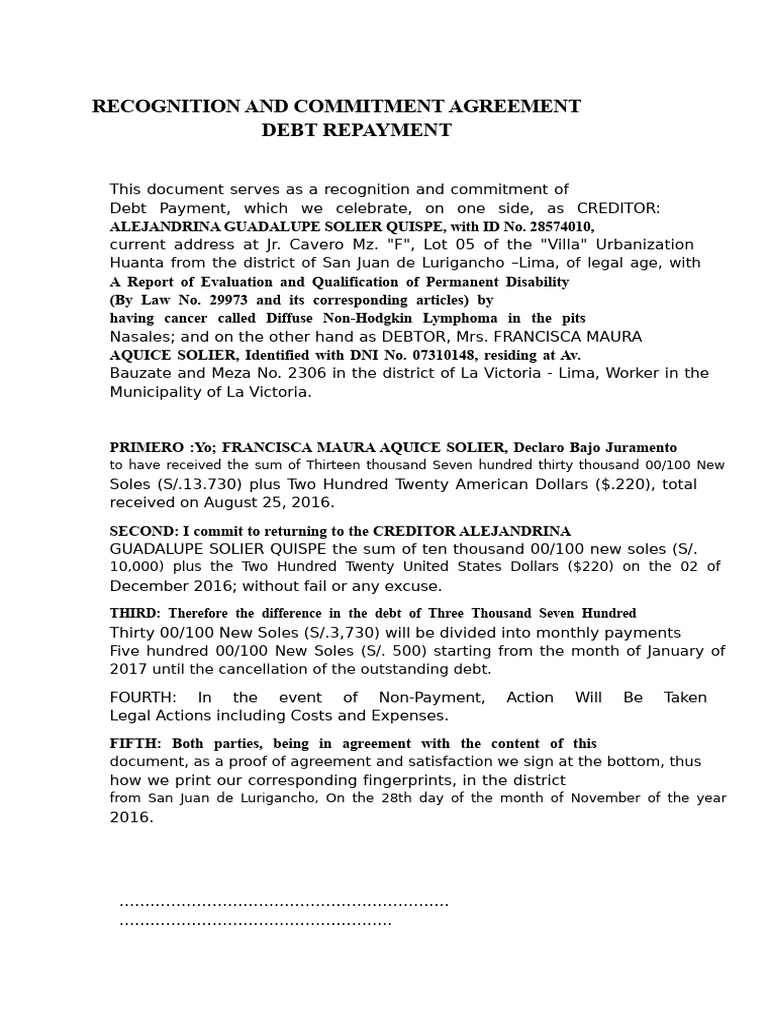 Contract of Acknowledgment and Commitment To Debt Payment | PDF
