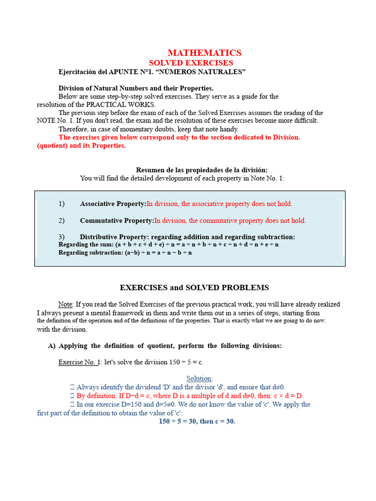 SOLVED EXERCISES ON DIVISION OF NATURAL NUMBERS | PDF | Division ...