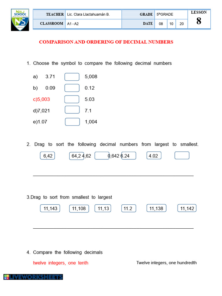 Comparing and Ordering Decimal Numbers | PDF